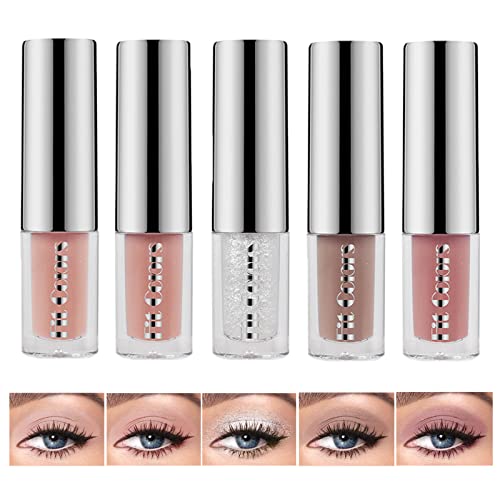 4Pcs Matte Liquid Eyeshadow + 1Pcs Sparkling Glitter Eyeshadow Set, Korean Makeup, Neutral Naked Nude Bling Eye Shadows,Quick Drying,Waterproof, Long Lasting,One Swipe Eye Make Up Kit for Natural Crystals Makeup