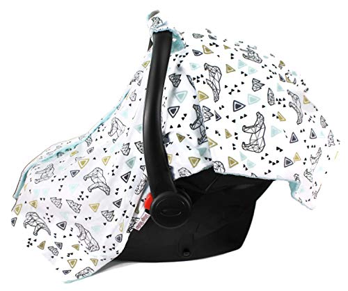Top Tots Deluxe Baby Car Seat Canopy Cover, Kaleidoscope Bear, Minky Dot, White