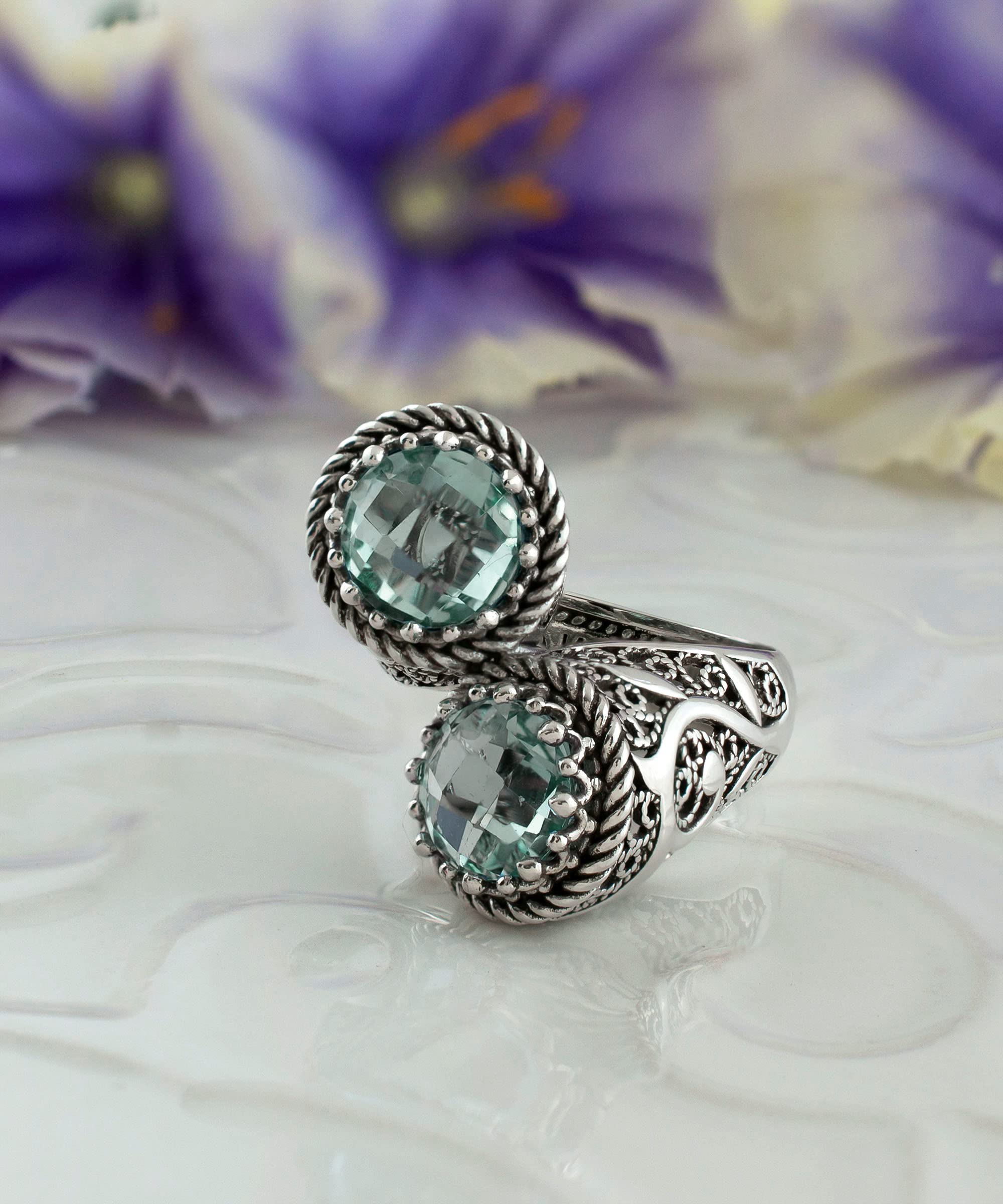 925 Sterling Silver Filigree Art Women Bypass Cocktail Ring, Gift Packed (Prasiolite, 11)