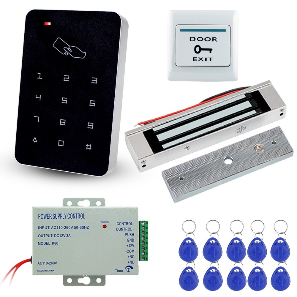 LIBO Stand-Alone Door Access Control System Kit Set with 180kg/350lbs Electric Magnetic Lock, DC12V/3A Power Supply, Door Exit Release Button, 10pcs RFID EM ID Keyfobs
