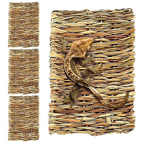 Meric Leopard & Crested Gecko Grass Mat, 4 Pack, Straw Bedding Floor Mat for Nesting Cage, Glass Tank Background Décor, Use as Peg Board in Tank or Cage to Hang Air Plants, Java Fern, Bird Toys