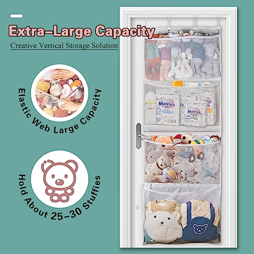 DBEES Stuffed Animal Storage, Large Capacity Over Door Stuffed Animal Organizer, 4 Expandable Mesh Net Pockets Breathable Hanging Plush toy storage, for Boys, Girls, Organizing Nursery, Bedroom