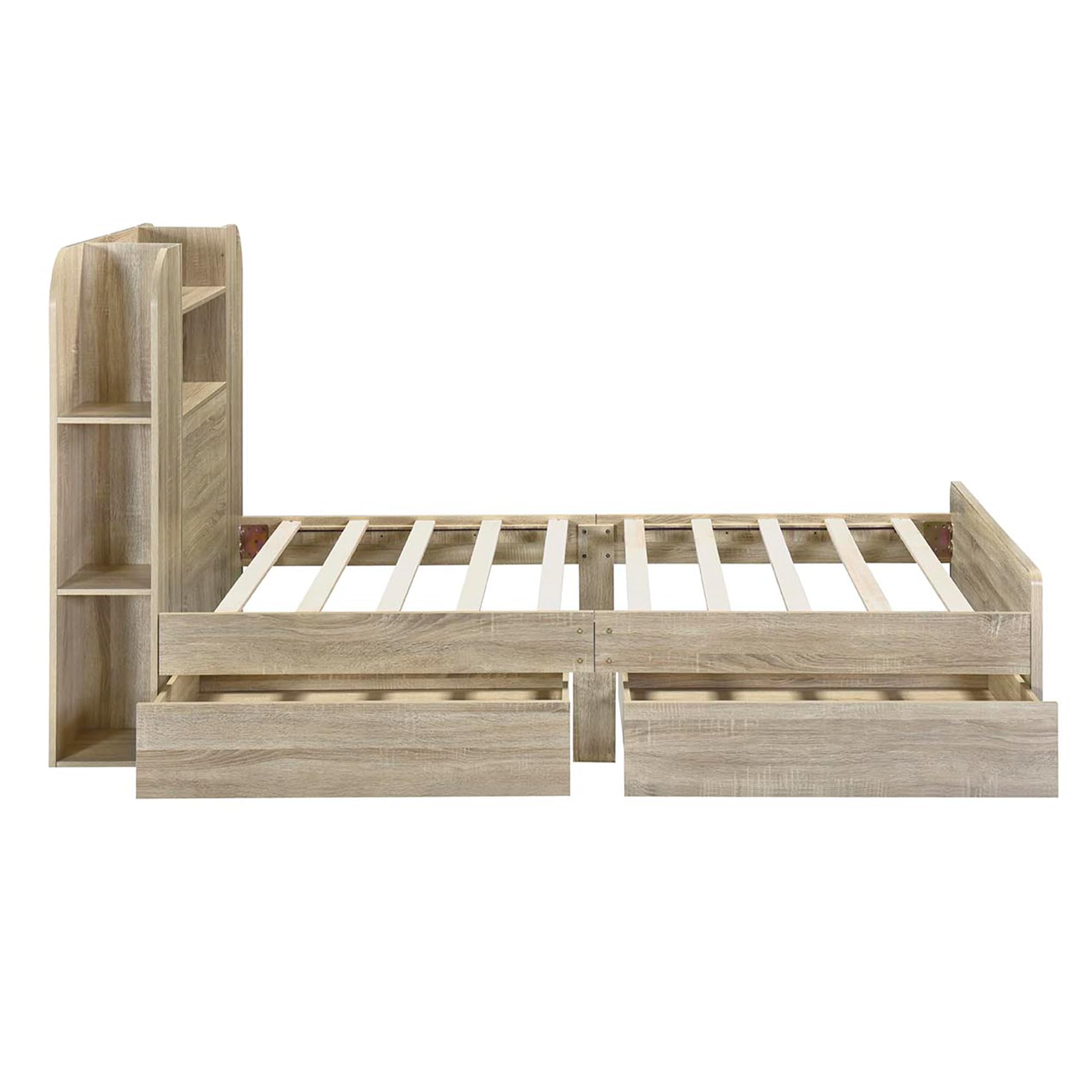 HoRunzelin Twin Size Platform Bed with Storage Bookcase Headboard,2 Drawers and LED Light,Wooden Bed Frame with Bookshelf Shelves for Kids Boys Girls, Natural