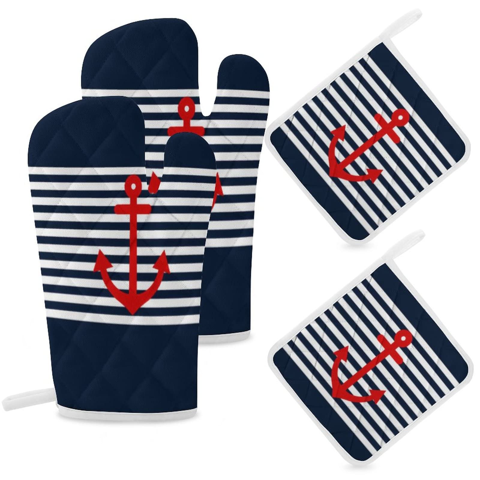 4PCS Oven Mitts Glove Kitchen Heat Resistant Pot Holders Set Navy Blue Nautical Kitchen Microwave Oven Gloves Mitts Anti-Scald Baking Cooking Gloves