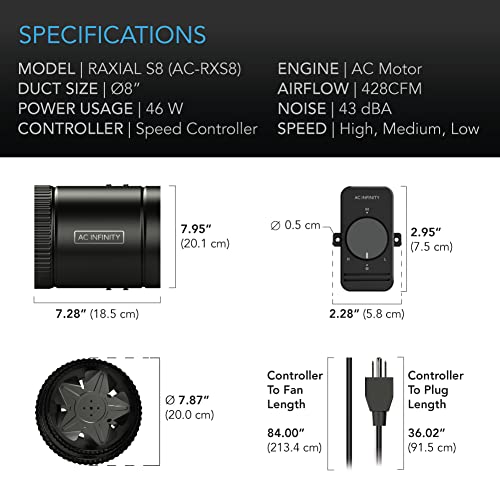 AC Infinity RAXIAL S8, Inline Booster Duct Fan 8” with Speed Controller, Airflow Boosting Low Noise HVAC Blower Can Fan for Basements, Bathrooms, Kitchens, Workshops