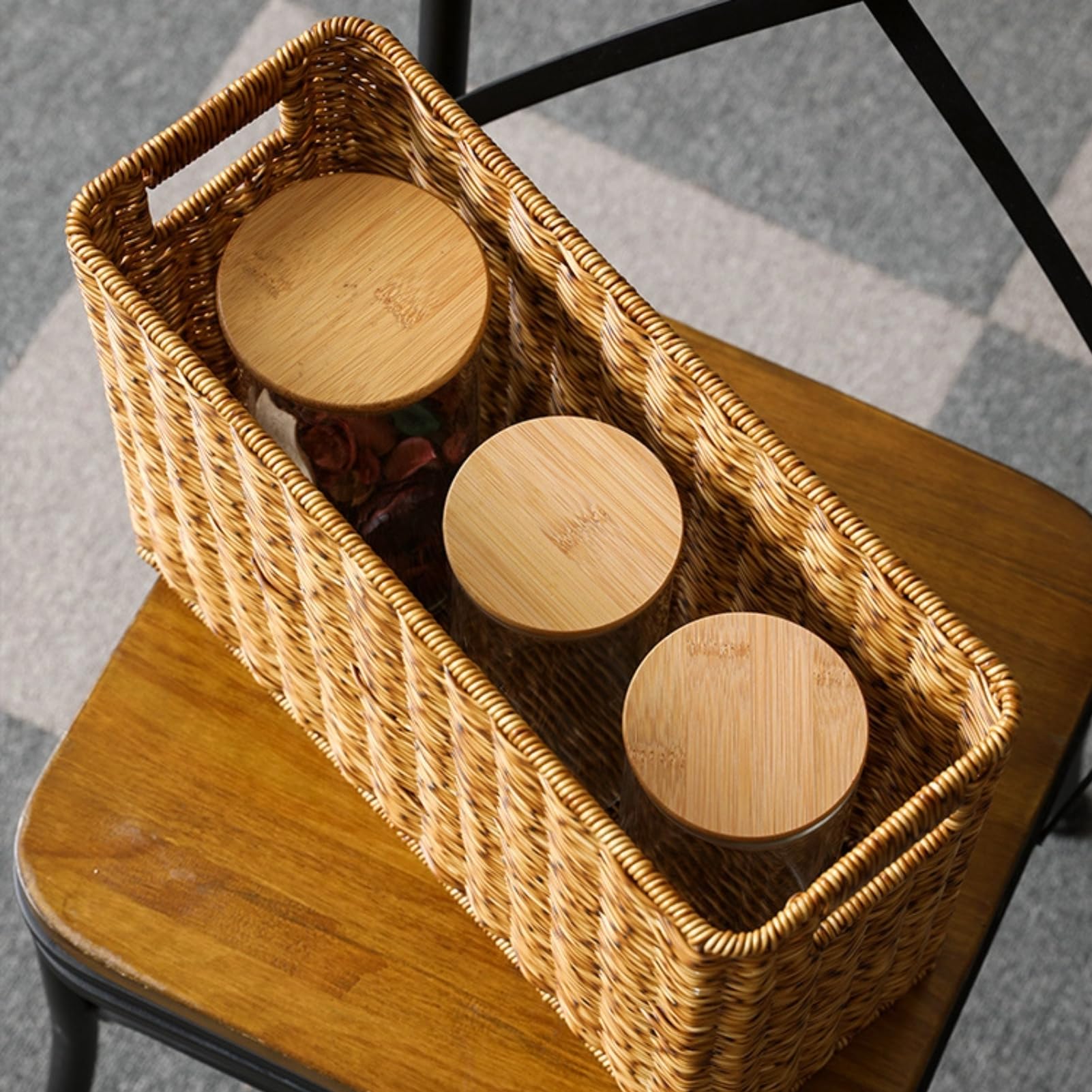 GOVNPJ Plastic Wicker Trash Basket, Woven Wastepaper Basket with 60 Garbage Bags Brown Bathroom Trash Can Large Wastebasket, Trash Can Slim Narrow Boho Trash Can for Laundry Office(15 * 6 * 10inch)