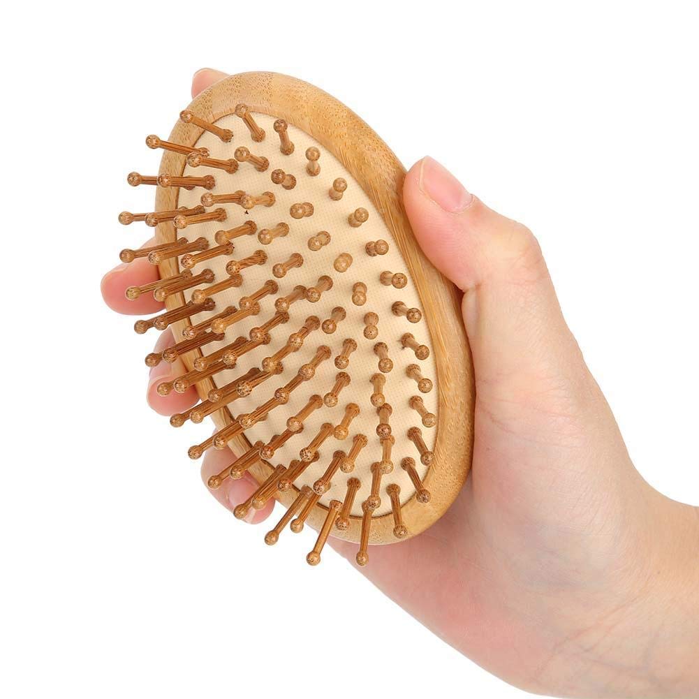 Pig Bristle Round Brush - Anti-Static Wood Pins, Compact Travel-Friendly Design for All Hair Types