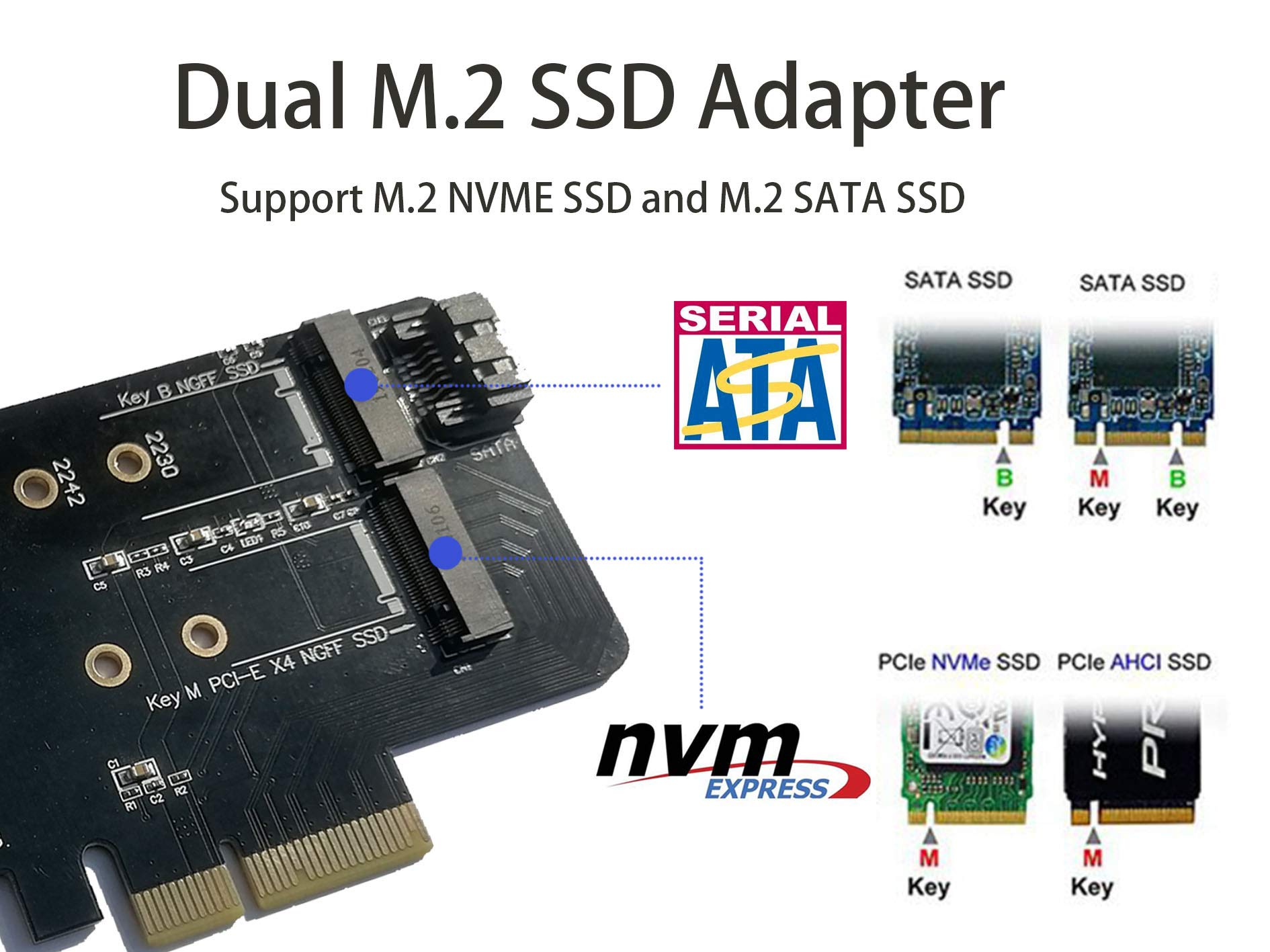 Valuegist PCIe Adapter for One M.2 NVMe Mkey and One SATA Bkey SSD, PCI-e 4.0 X4 Card Supports NGFF M2 M-Key or B-Key (M+B) SSD of Length 2280,2260,2242,2230, PCIe NVMe Adapter with SATA 3.0 Cable