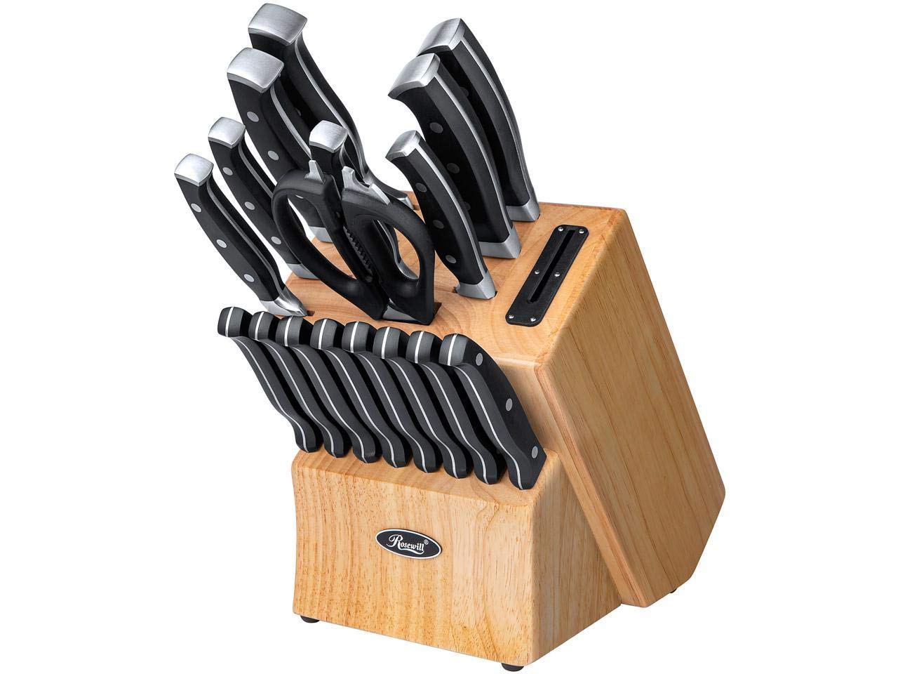 Rosewill 18 Piece Stainless Steel Cutlery Knife Set with Kitchen Shears| Triple Riveted Handles, Full Tang Design with Wood Block and Built-in Sharpener