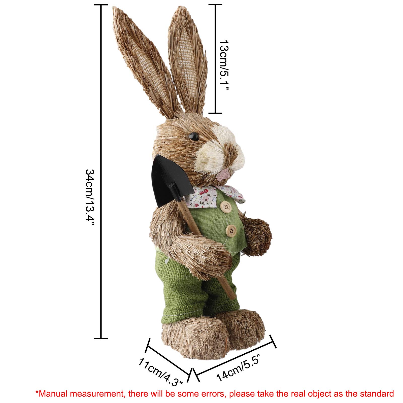 Alapaste Standing Easter Bunny Figures,14.2inch Funny Sisal Easter Bunny Holding Shovel Wearing Green Nest for Party and Home Garden Decor, for Kids