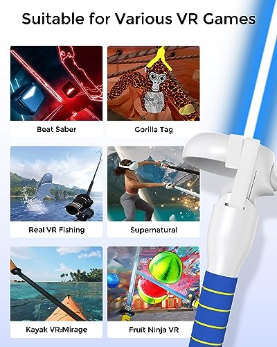 Amavasion 2 in 1 Long Arms & Handle Attachments Compatible with Meta/Oculus Quest 2 Hand Controllers,Extension Grips Compatible with Gorilla Tag/Beat Saber/Golf/More VR Games-Blue/Blue