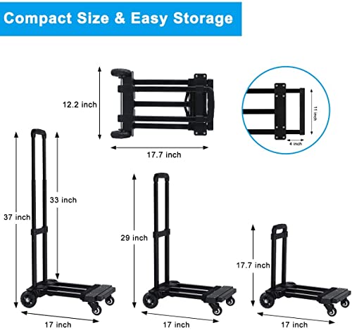 Orange Tech Folding Hand Truck, 220 lbs Heavy Duty Luggage Cart, 4 Wheels Solid Construction, Portable Fold Up Dolly, Compact and Lightweight for Luggage, Personal, Travel, Moving and Office Use