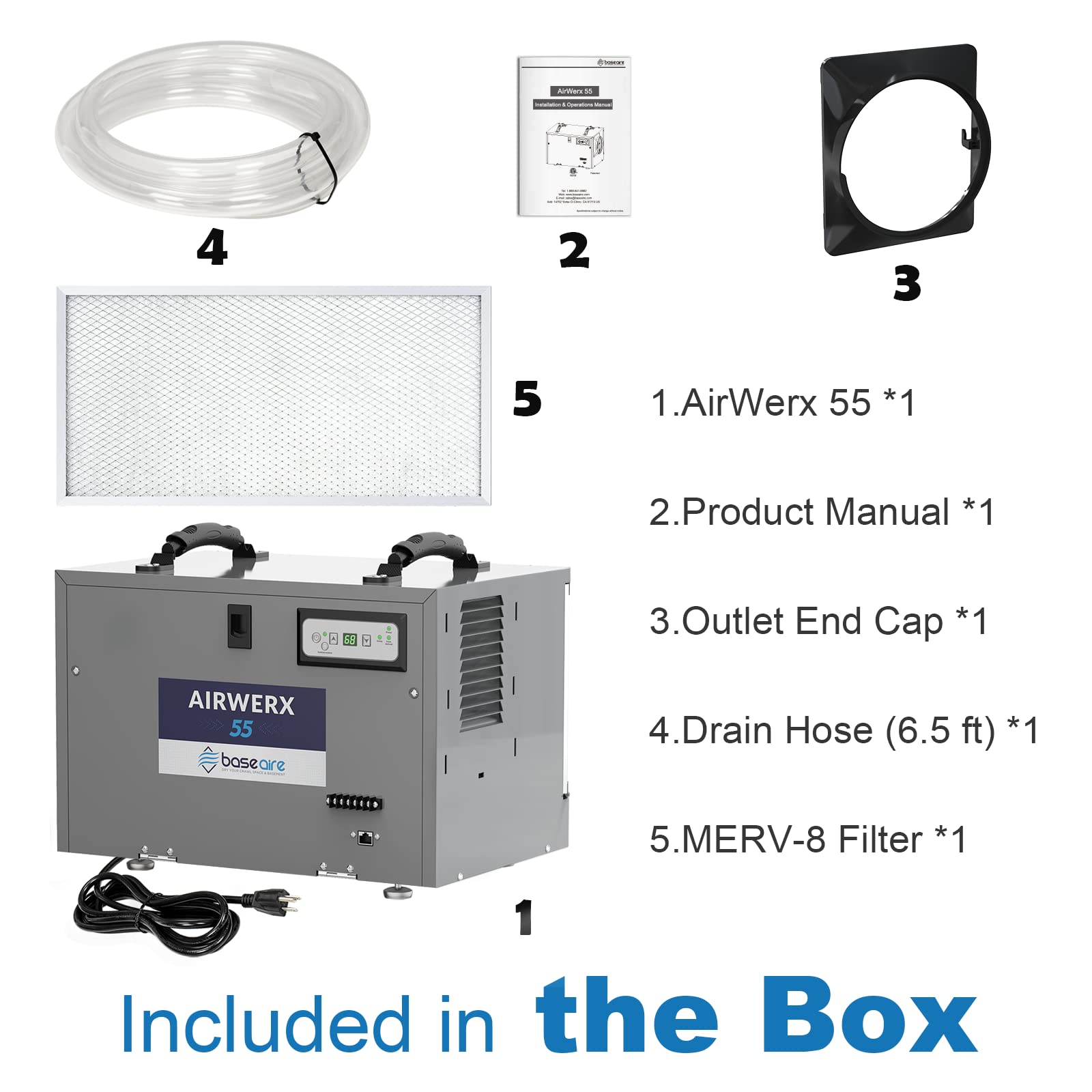 BaseAire 113 Pint Commercial Dehumidifier with Drain Hose for Crawl Spaces, Basements, Whole House, Compact, Portable, Auto Defrost, Memory Starting, 5 Years Warranty, Commercial Industrial Home Use
