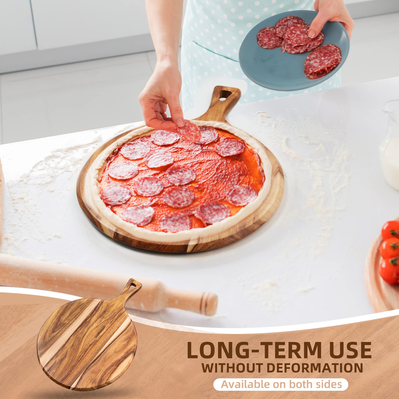 Acacia Wood Cutting Board Pizza Peel - EVNSIX Round Cutting Boards with Handle for kitchen,Wooden Chopping Board Countertop for Meat, Bread, Vegetables Fruits Charcuterie Cheese Serving Paddle Board