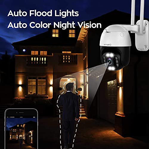 xmartO 2K Auto-Track Rotation Wireless Security Camera WiFi AC Powered, 2-Way Audio, Auto Flood Lights Color Night Vision, Auto Siren, IP66, SD Card, NVR and Cloud Storage (DT3034, Works with Alexa)
