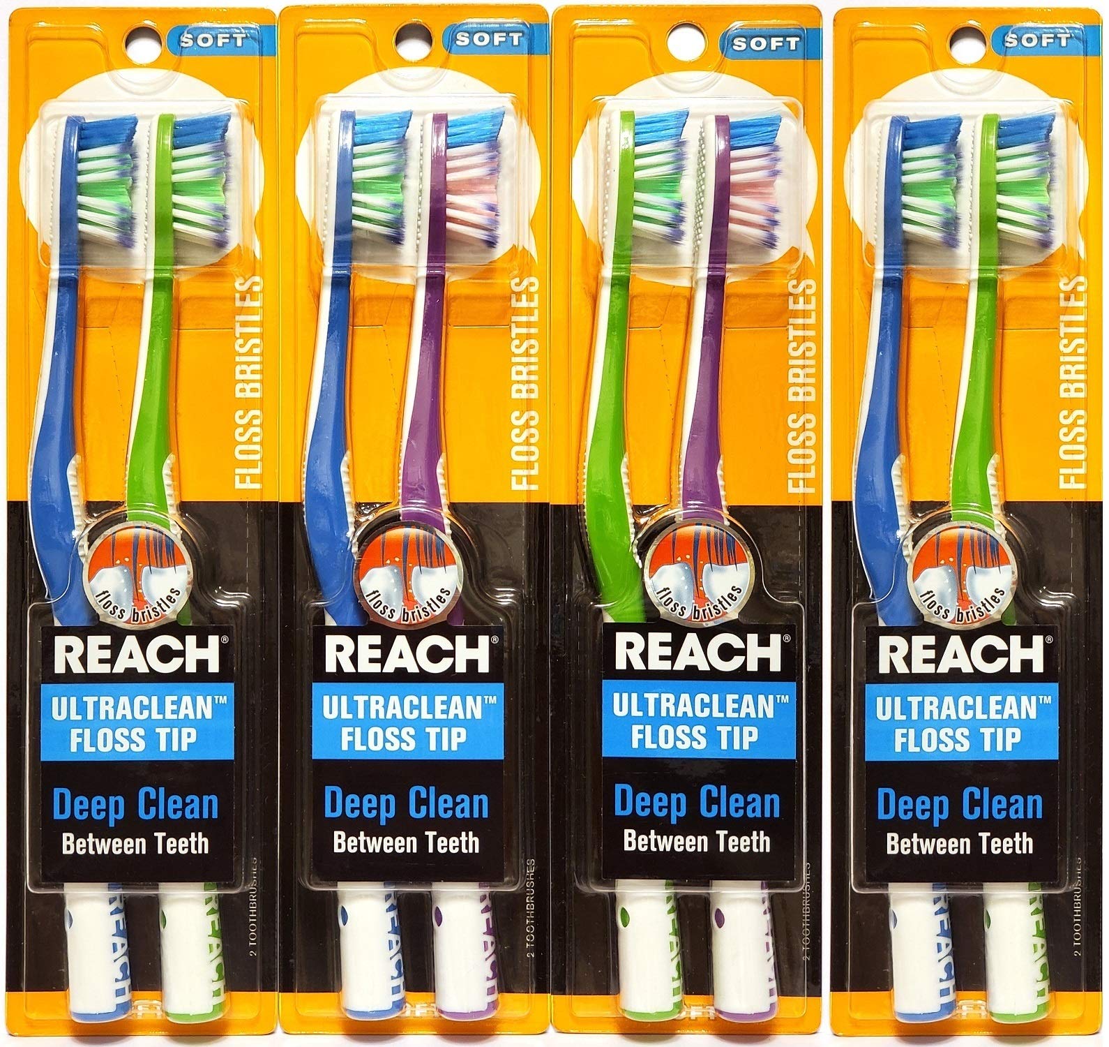 Reach Ultra-Clean Floss Tip Soft Toothbrush, Assorted Colors, 2 Count (Pack of 4) Total 8 Toothbrushes
