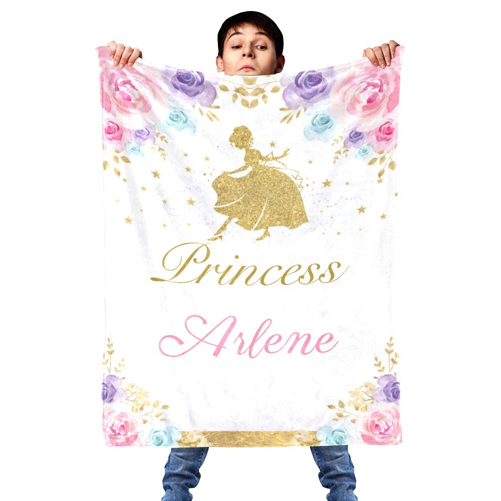 Yeshop Princess Floral Pink Purple Personalized Receiving Baby Blankets for Girls with Name,Customized Swaddle Blankets Gift for Newborn Crib Infants 30x40 Inches