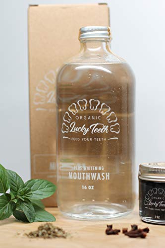 Organic MouthWash - Plus WHITENING - Whitens, Refreshes. Food Grade Peroxide + Essential Oils. Vegan and Cruelty Free. Glass Jar 16 OZ