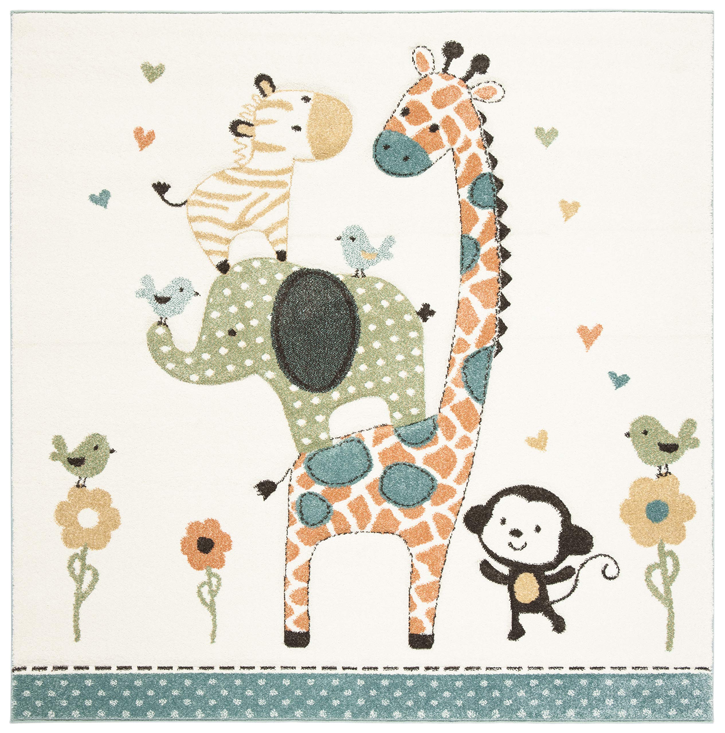 SAFAVIEH Carousel Kids Collection 3' Square Ivory CRK120A Animal Non-Shedding Nursery Playroom Area Rug