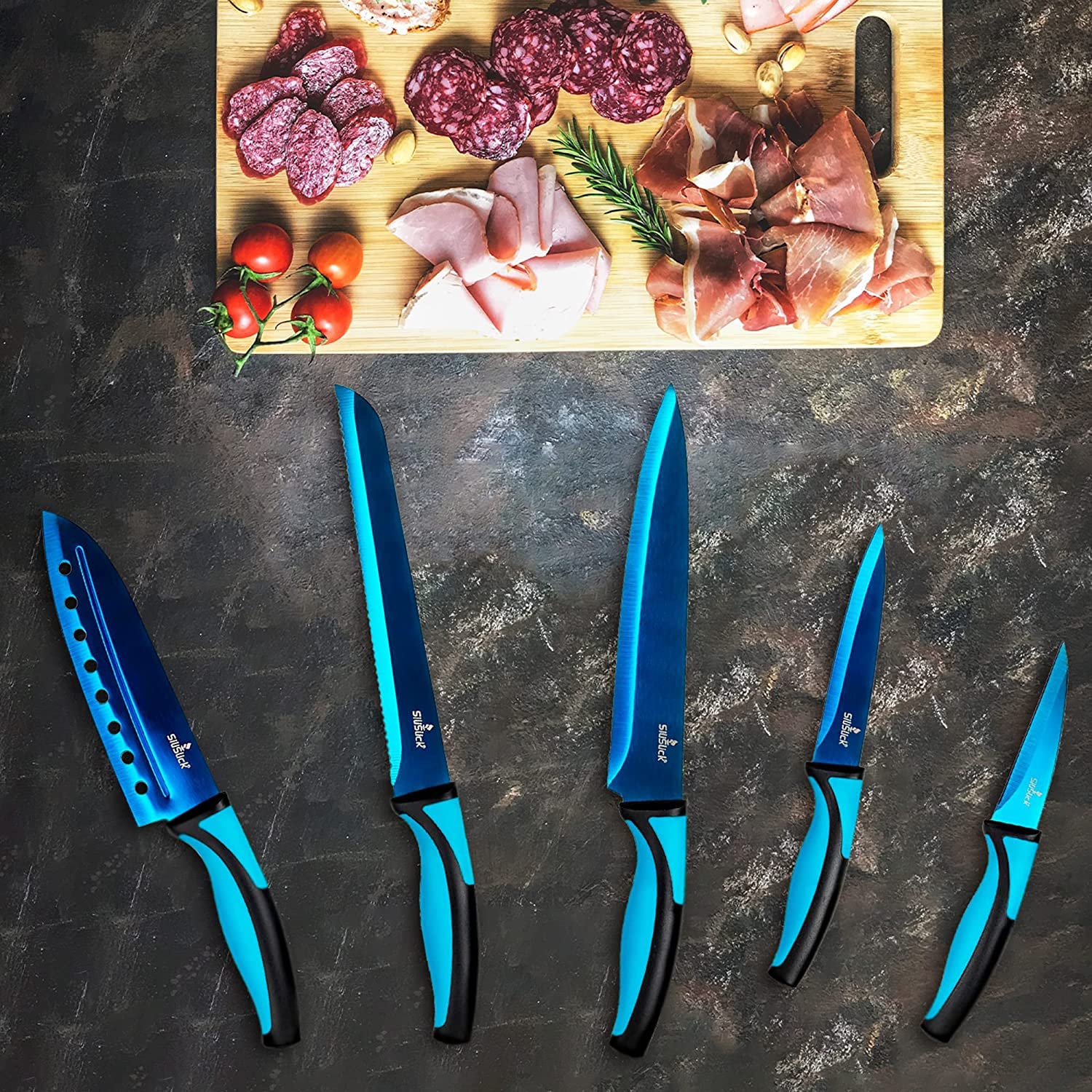 Titanium Coated Rainbow Knife Set – Sharp Stainless Steel Kitchen Knives with Chef, Bread, Santoku, Paring, & Utility Knives, Includes Covers – Iridescent Kitchen Accessories