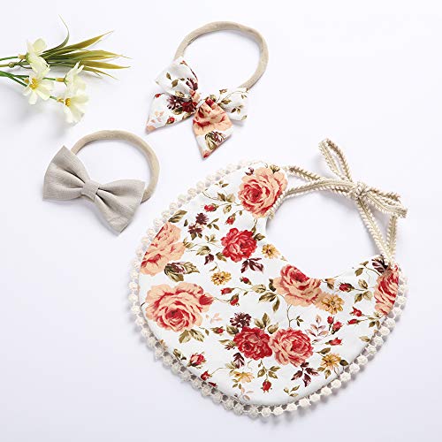 KIDOCHEESE Baby Bibs for Girls Reversible Boho Double-Deck Cotton Drooling Bibs with Nylon Headband Set (SET-02)