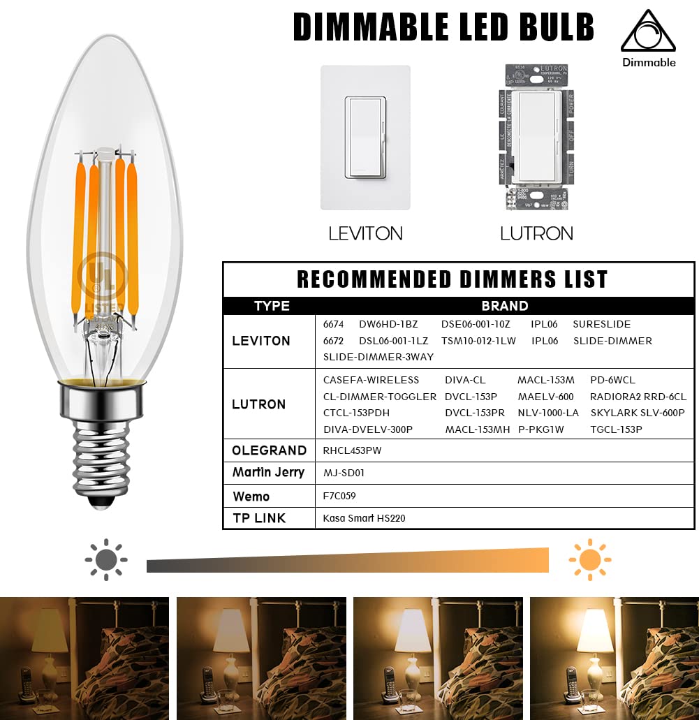 Emotionlite LED Light Bulbs, Dimmable Candelabra Bulbs, E12 Base, Warm White, Chandelier Light, Ceiling Fan Bulb, 40W Equivalent, 4W, 2700K, 350LM, UL Listed, 6 Pack