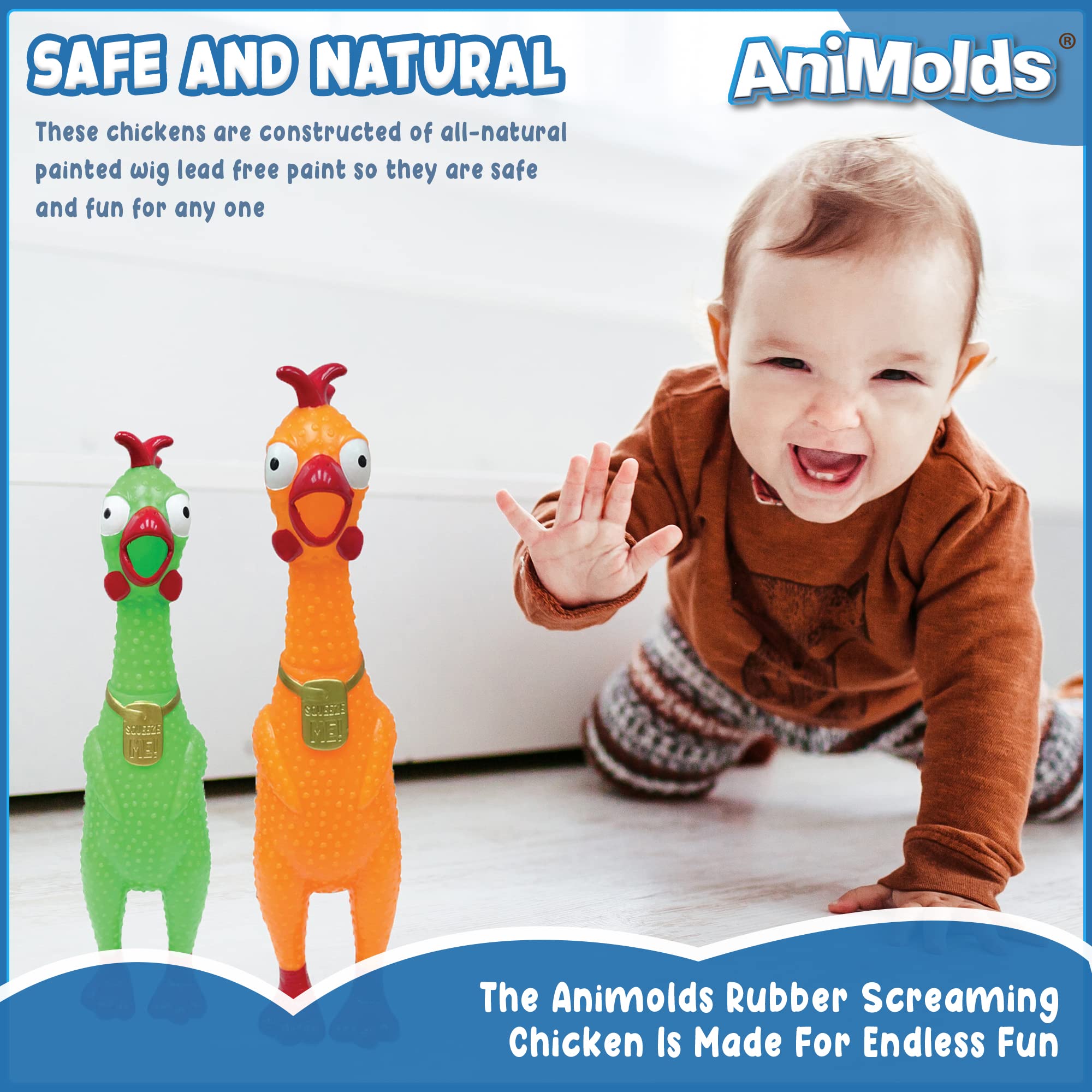 Animolds Tie-Dye Squeeze Me Rubber Chicken Toy | Screaming Rubber Chickens for Kids | Novelty Squeaky Toy Chicken (6 Pack Solid)