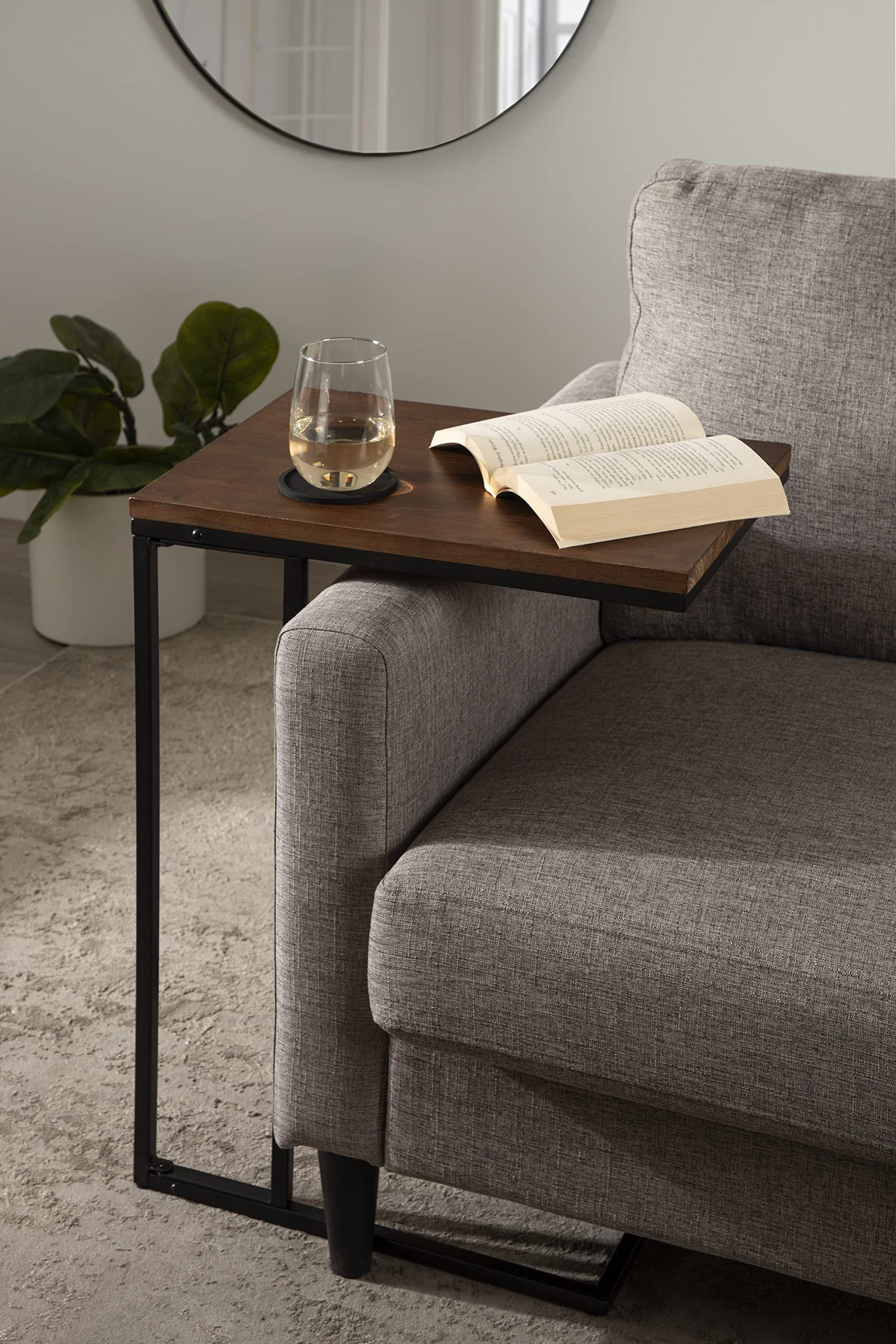 Kate and Laurel Lockridge Modern C-Shape End Decorative Minimalist Accent Table for Storage and Display, 19 x 12 x 27, Walnut Brown and Black