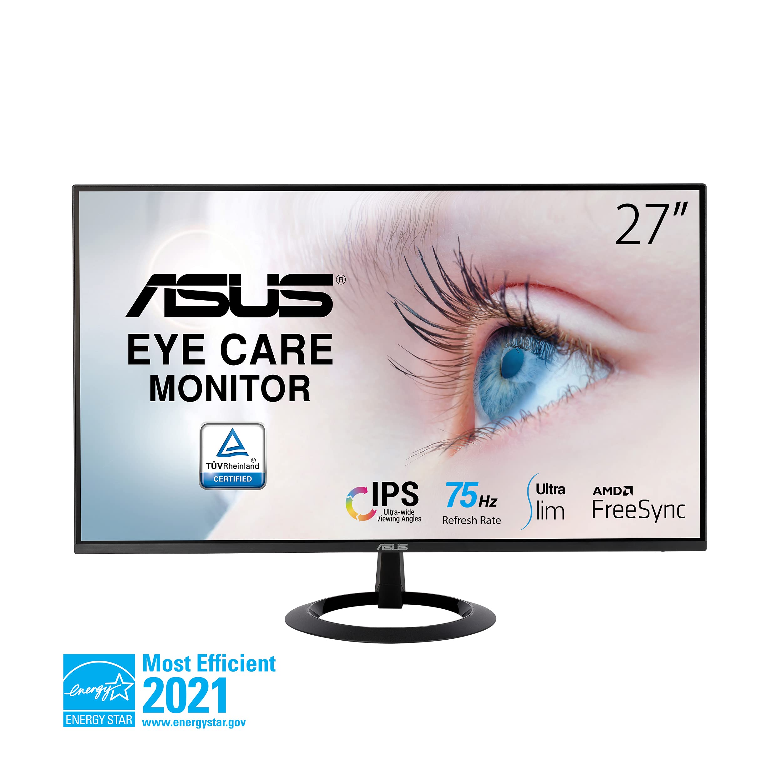 ASUS 27” 1080P Monitor (VZ27EHE) - Full HD, IPS, 75Hz, 1ms, Adaptive-Sync/FreeSync, Low Blue Light, Flicker Free, Ultra-Slim, VESA Mountable, Frameless, HDMI, VGA (Renewed)