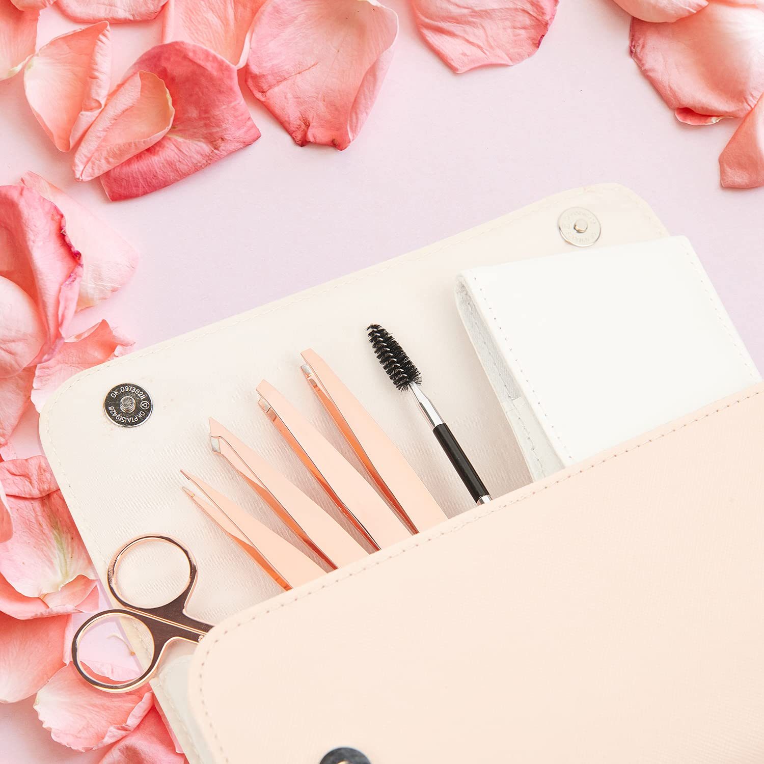 Precision Eyebrow Tweezers Set Pack of 6 for Women Ingrown Facial Hair Removal Pointed Rose Gold Tweezers Scissors Brush Kit for Splinter with Leather Case Gift