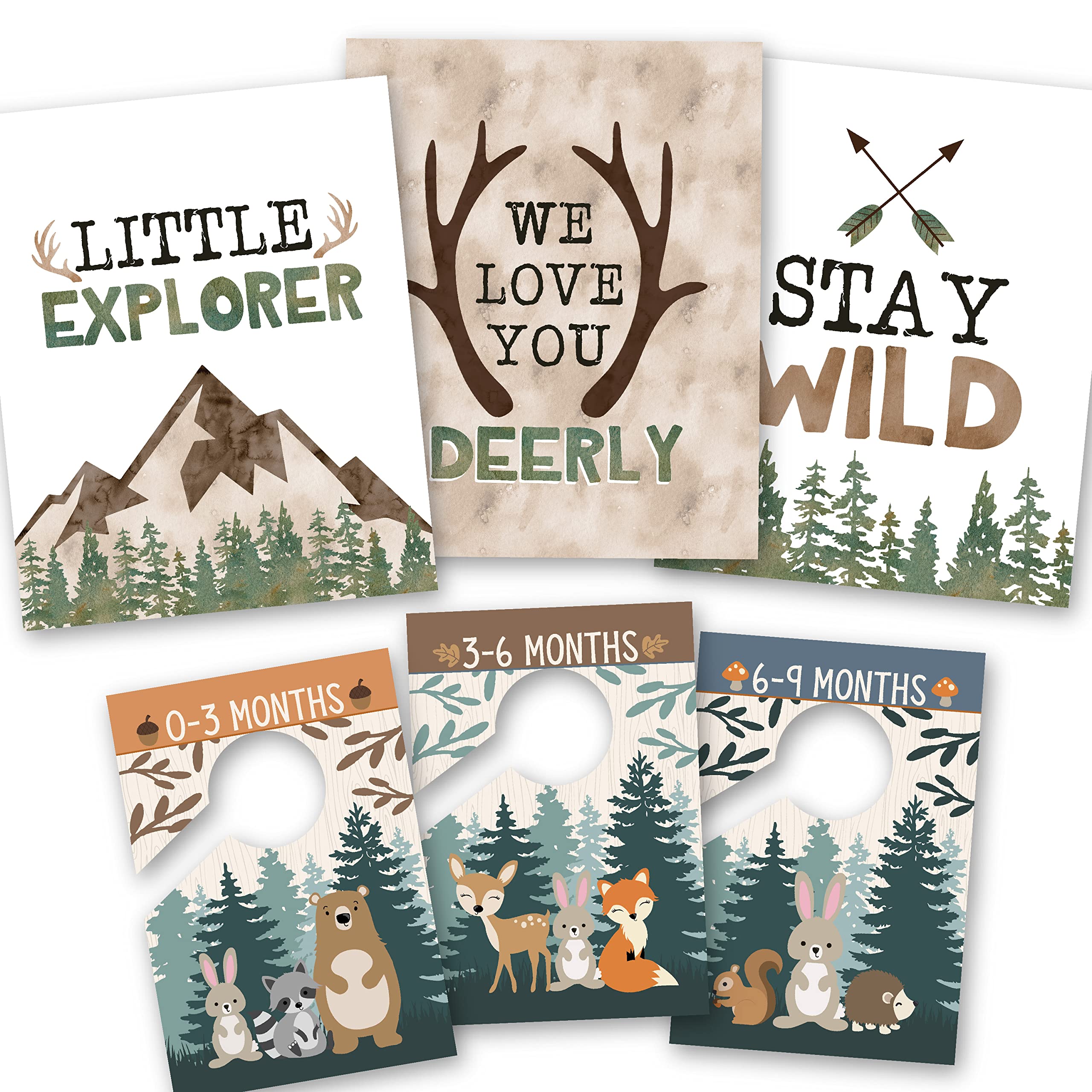 6 Reversible Deer Wall Decor Prints Nursery Decor, 6 Baby Nursery Closet Organizer Dividers, Baby Shower Decorations, Age Size Hanger Organization
