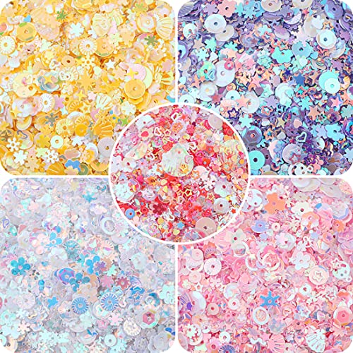 Decoendiy 6 Pack Mixed Shaped Glitter Flakes, Chunky Sparkle Sewing Glitter, Heart Star Seashell Shiny Slices with Hole, for Sewing Embellishment Accessories DIY Crafts Arts (Purple)