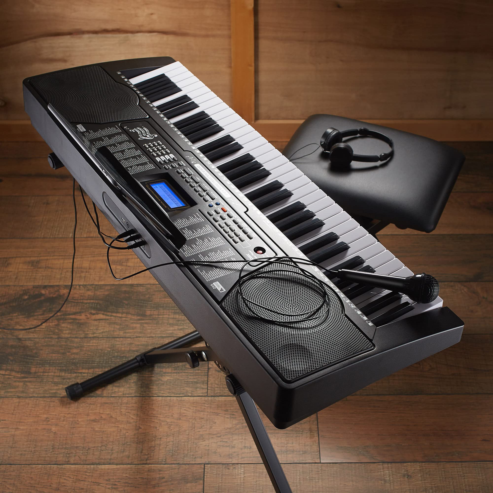Ashthorpe 61-Key Digital Electronic Keyboard Piano with Full-Size Keys for Beginners, Includes Stand, Bench, Headphones, Mic and Keynote Stickers