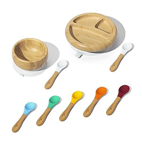 Rainbow Gift Set White - Baby Bowl Set + Baby Plate Set + Assorted Baby Spoons Set. Baby Registry, Home Set & More. Baby Girl, Baby Boy, Unisex. BPA Free