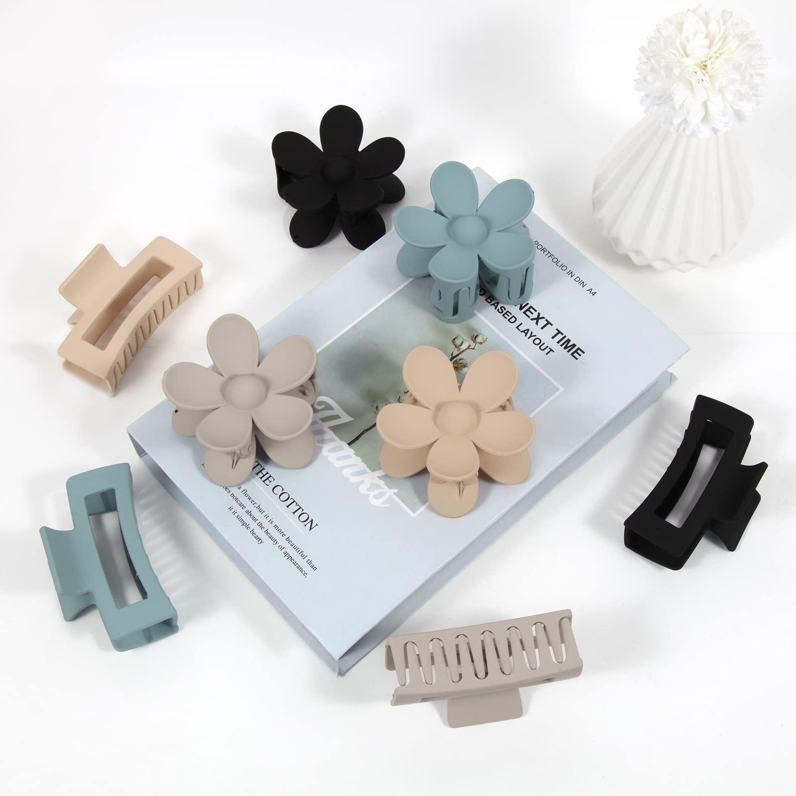 8 Pack Medium Flower and Square Hair Clips, 3.5" Cute Matte Claw Clips for Women and Girls, 2 Styles for Thick and Thin Hair