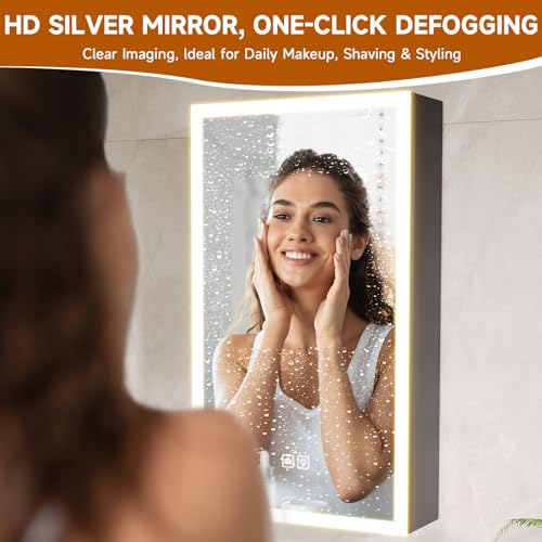 Seenvlog Bathroom Medicine Cabinet with Lights, 15.7" x 27.5" LED Mirror Cabinet, 3-Color Temp, Black Bathroom Storage Cabinet Anti-Fog, Wall Mount