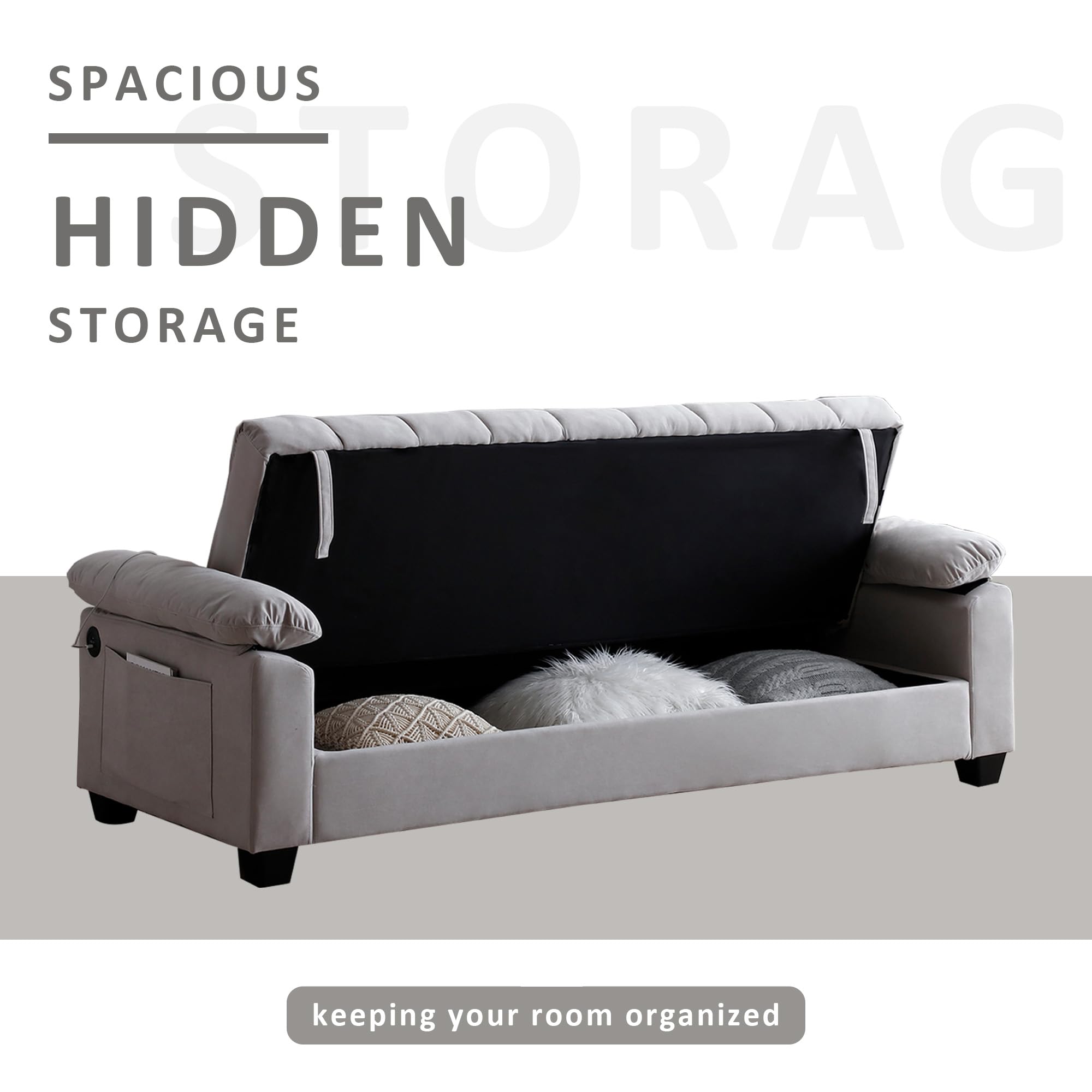 84’’ Convertible Futon for Living Room, Mid-Century Modern Velvet Sofa Bed with Spacious Storage, USB Port & Side Pocket, 3 Level Adjustable Backrest Couch for Small Spaces, Office, Dorm, Pearl Grey