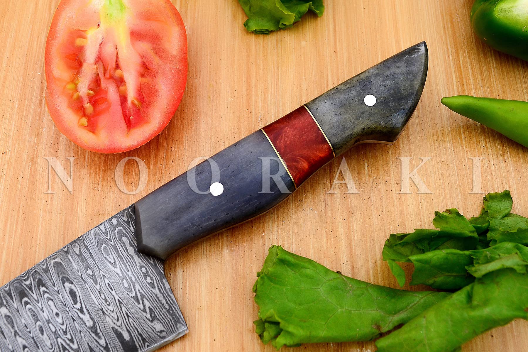 Nooraki KCK335 Hand Forged Damascus Steel Chef Knife Ladder Pattern and Cowhide Sheath, Multipurpose Kitchen Knives with Full Tang Coloured Bone and red resin sheath Handle 12" Length