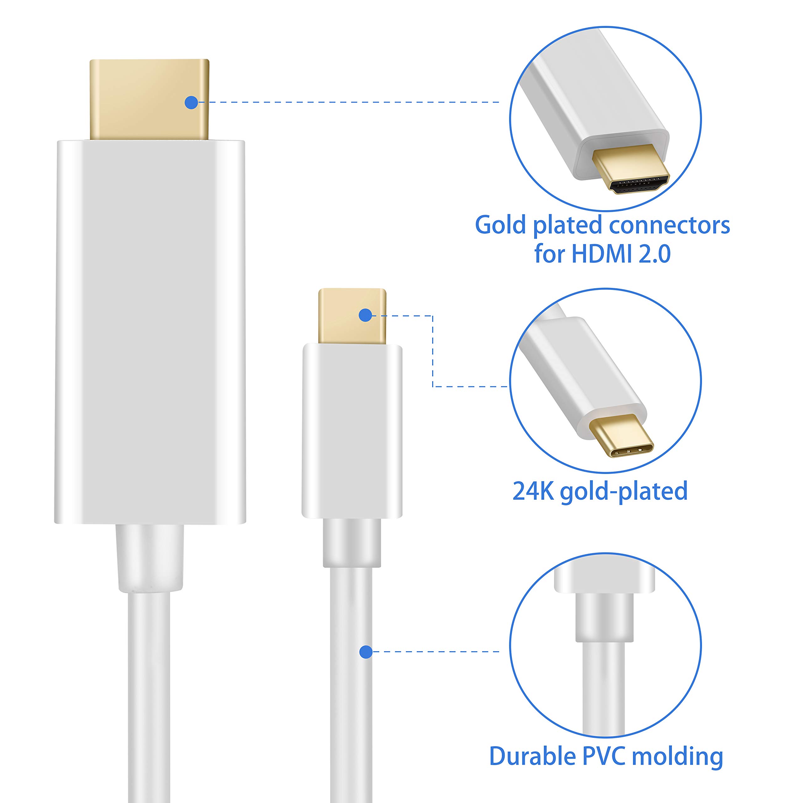 KUYIA USB C to HDMI Cable 6 Feet 4K@60Hz Thunderbolt 3 to HDMI Compatible with MacBook Pro 2018 2019, iPad Pro, MacBook Air 2018 2019, Surface Book 2, iMac, ChromeBook, Galaxy S9 (White)