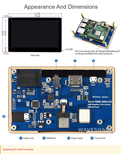 waveshare 5inch Capacitive Touch AMOLED Display Compatible with Raspberry Pi 5/4B/3B+/3A+/2B/B+/A+/Zero/Zero W/WH/Zero 2W CM3+/4 960×544 Resolution HDMI Optical Bonding Supports Jetson Nano/Windows