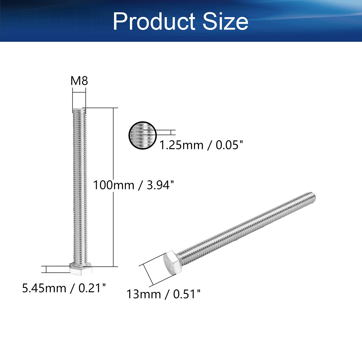 Yinpecly M8-1.25 x 100mm Hex Bolt Hex Flat Head Cap Bolts Screws for High-Pressure Flow Pump Impellers Silver 10pcs