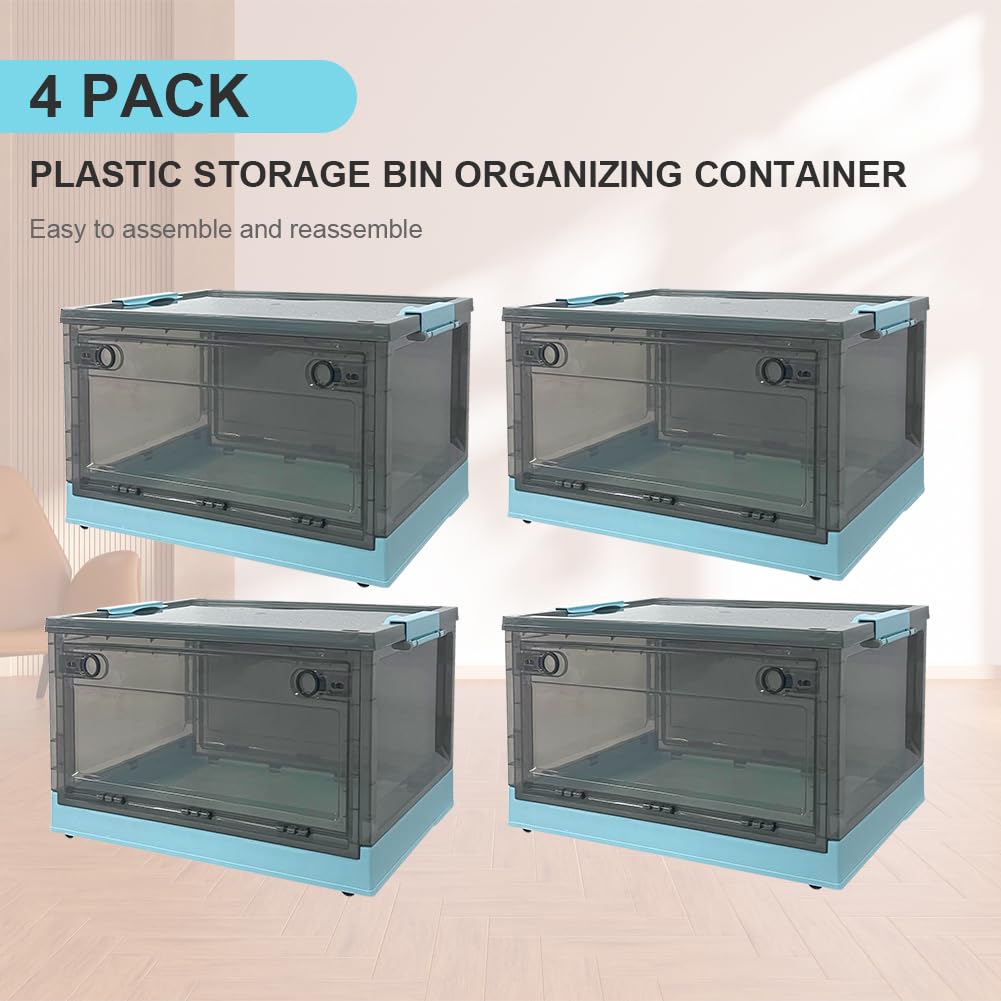4utoHydra 4 Pack Collapsible Storage Bins, 55L Plastic Storage Bin Organizing Container with Lid for Home & Office Organization, Cloth Toys Books Snacks Bottles (Medium, Green)