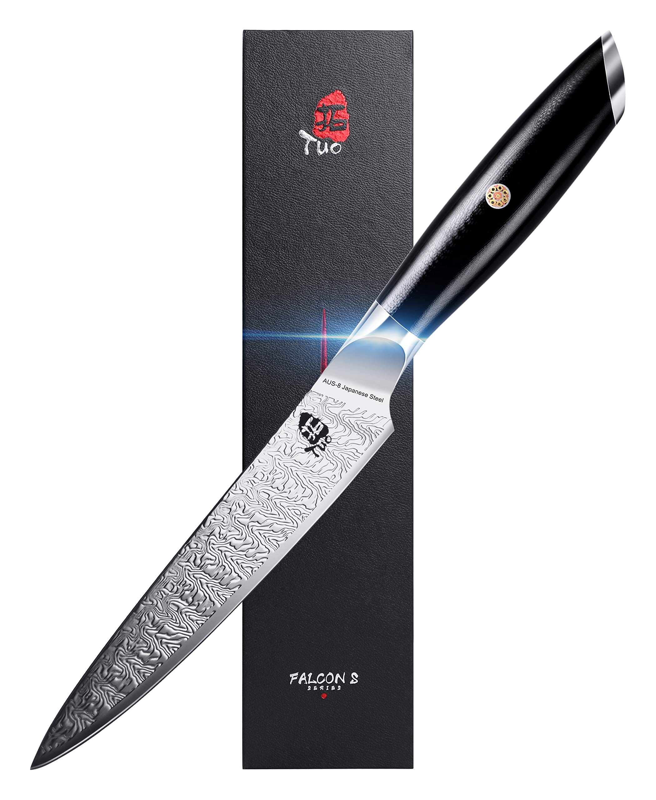 TUO Kitchen Utility Knife, 5 inch Paring Knife, Forged AUS-8 Japanese Steel, Non-Serrated Steak Knife, Ergonomic G10 Full Tang Handle with Gift Box, Falcon S Series