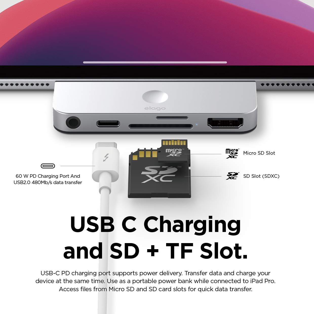 elago Aluminum Type-C Pocket Pro Hub Adapter for iPad/iPad Pro/Other USB-C Devices [4K HDMI, USB-C PD Charging, 3.5mm Audio Jack, SD and Micro SD Slot] (Silver)