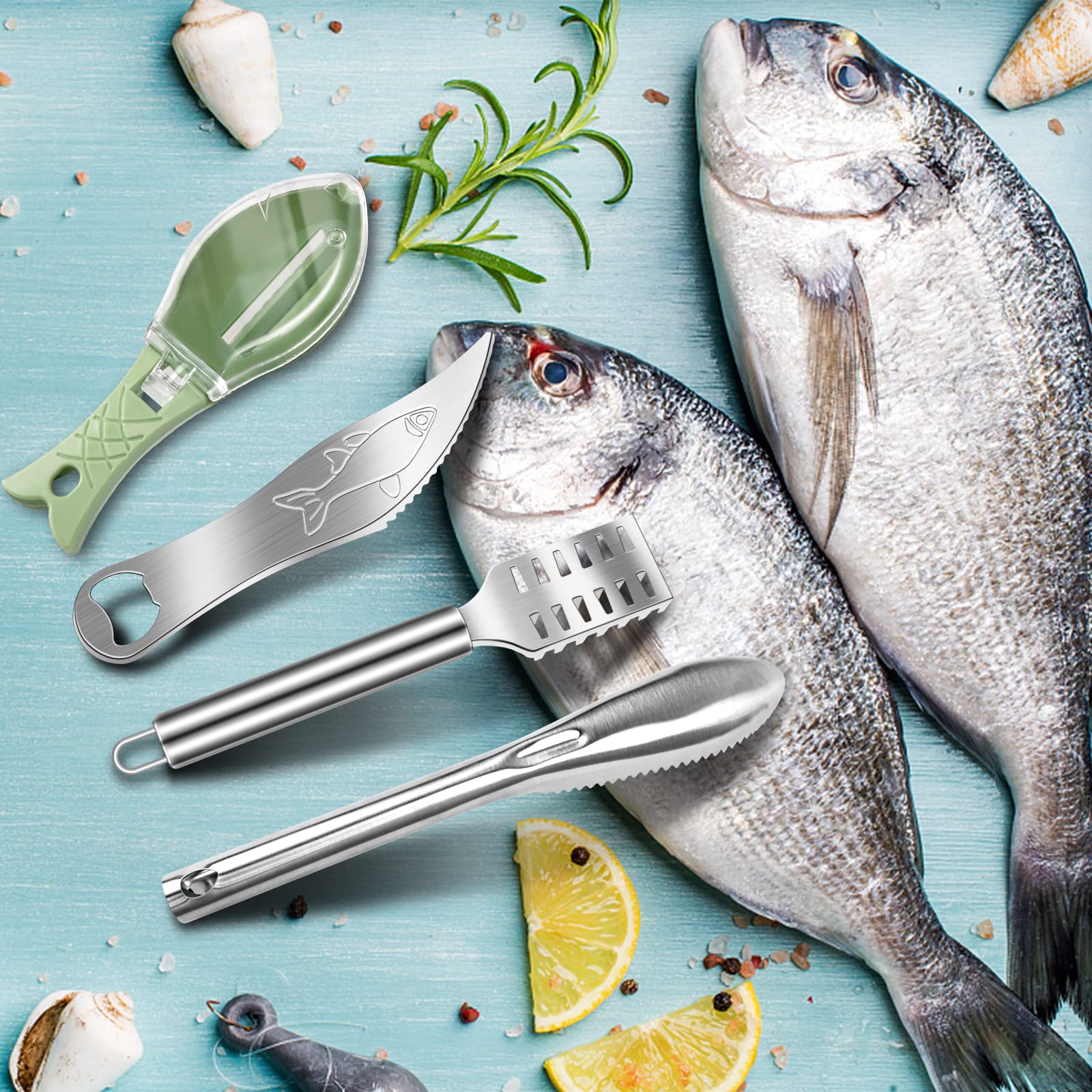4Pcs Fish Scale Remover, Stainless Steel Fish Scaler Fish Cleaning Kit, Fish Skin Graters Cleaning Peeler Scaler Scraper with Bottle Opener for Kitchen Fish Cleaning Tools
