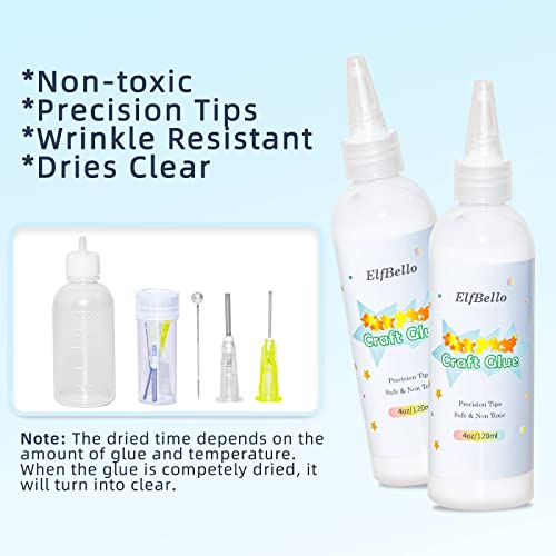 ElfBello Art Craft Glue with Fine Tips & 50ml Glue Applicator Bottle, Adhesive Art Glitter Glue for Paper Craft DIY Scrapbook, Quick Dries Clear Glue Wrinkle Resistant, 4fl oz 2 Pack