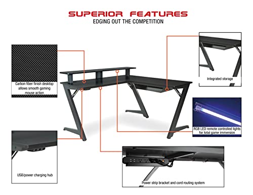 OSP Home Furnishings Avatar Battlestation L-Shape Gaming Desk with Bluetooth RGB LED Lights and Carbon Fiber Surface, Matte Black
