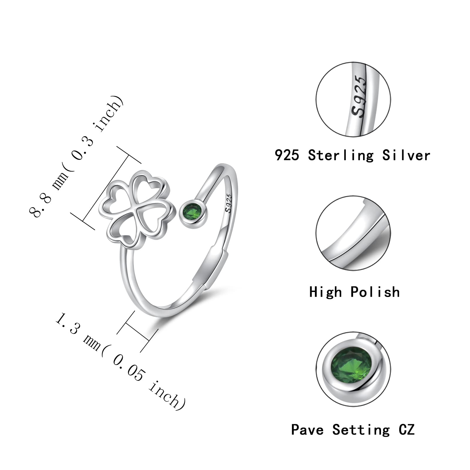 925 Sterling Silver Clover Stud Earrings Shamrock Irish Ear Studs St Patricks Day Jewelry Gifts for Girls Women (Ring)