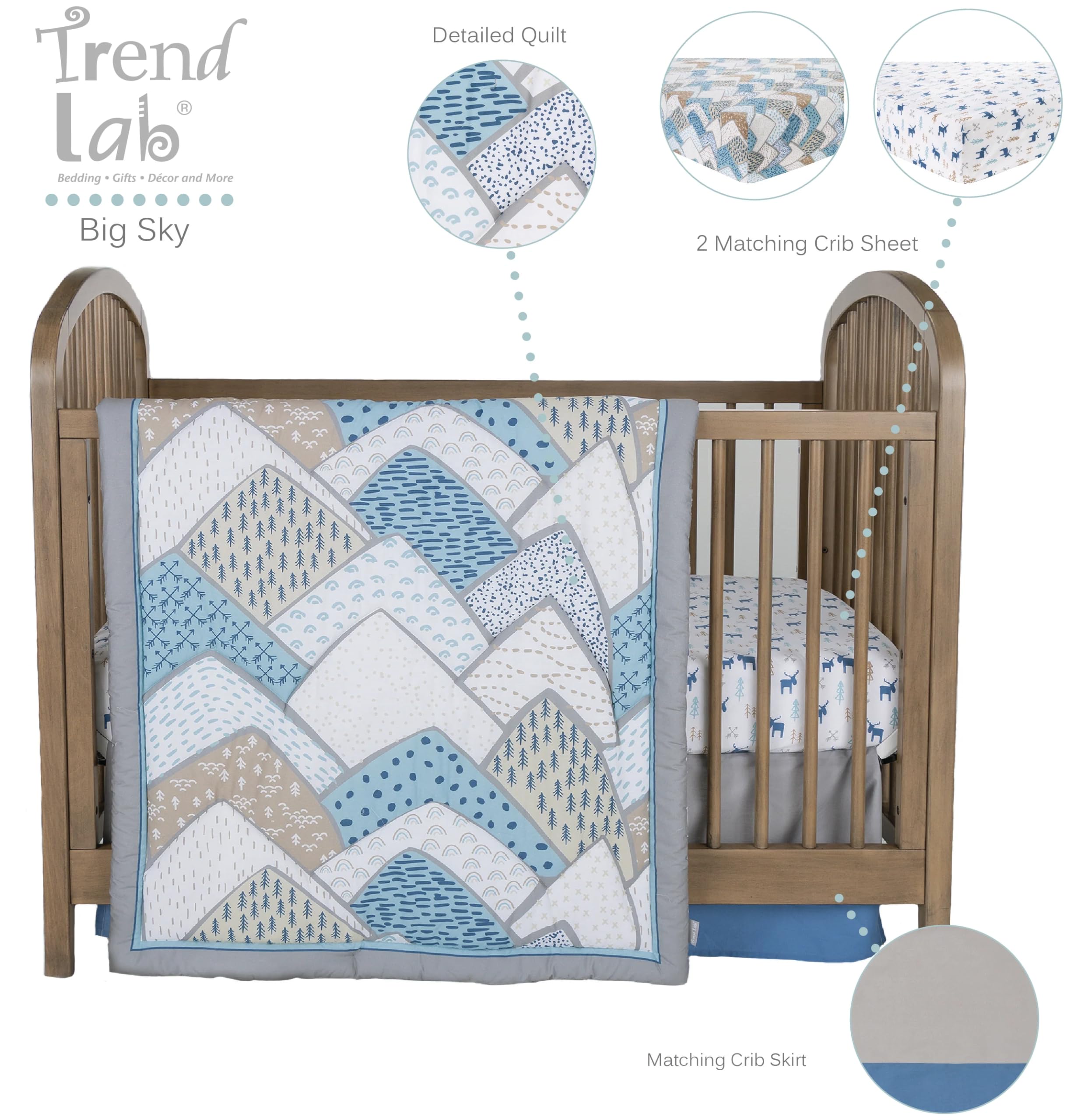 Trend Lab Florence 3 Piece Crib Bedding Set, Can Be Used As A Blanket Or A Playmat for Tummy Time, Includes Quilt, Fitted Crib Sheet and Skirt