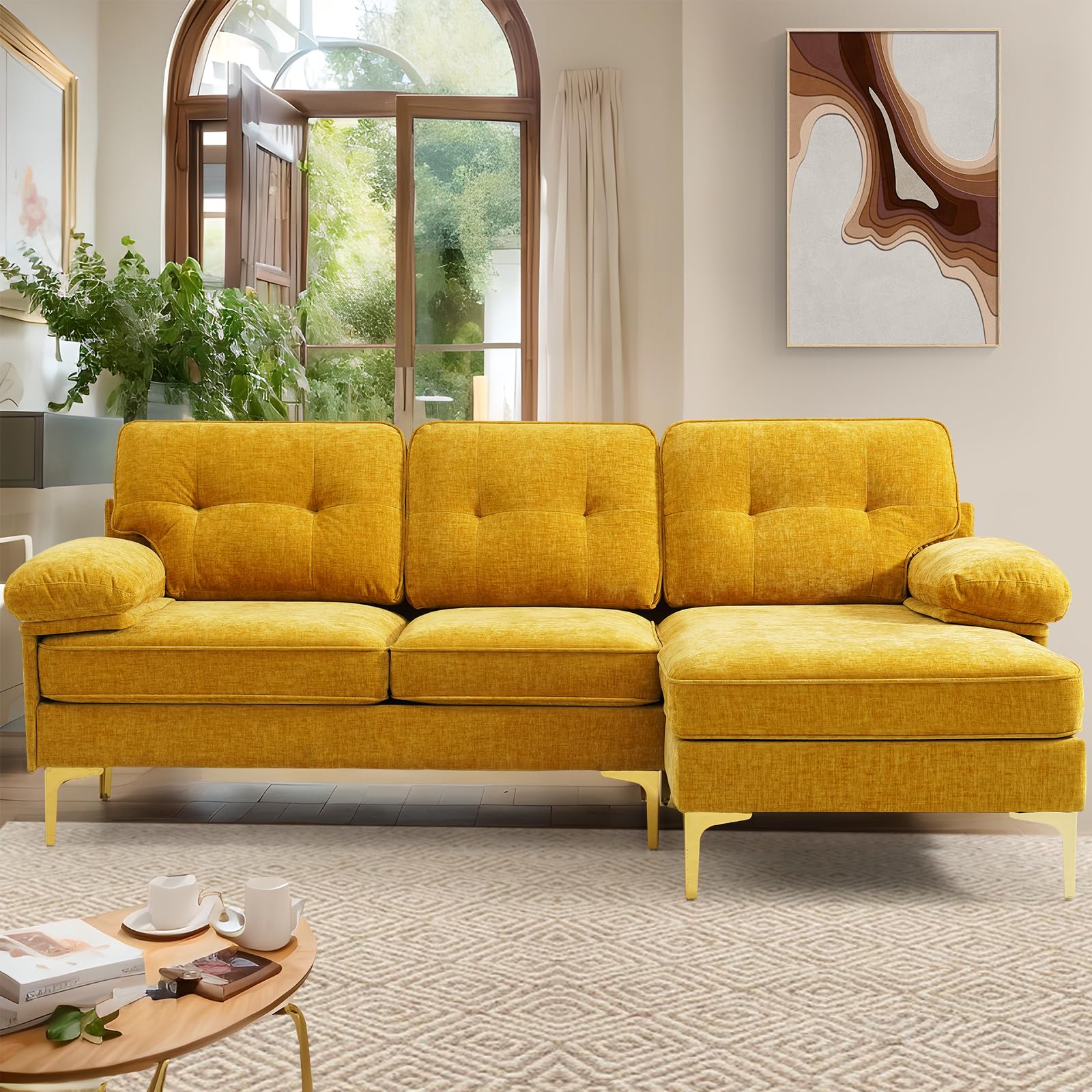 EASELAND 83" L Shaped Convertible Couch, Chenille Couch Sectionals for Living Room, 3-Seat Comfy Lounge Sofa for Bedroom with Chaise, Sleeper Sofa Bed with Fluffy Armrests, Washable Cushion(Yellow)